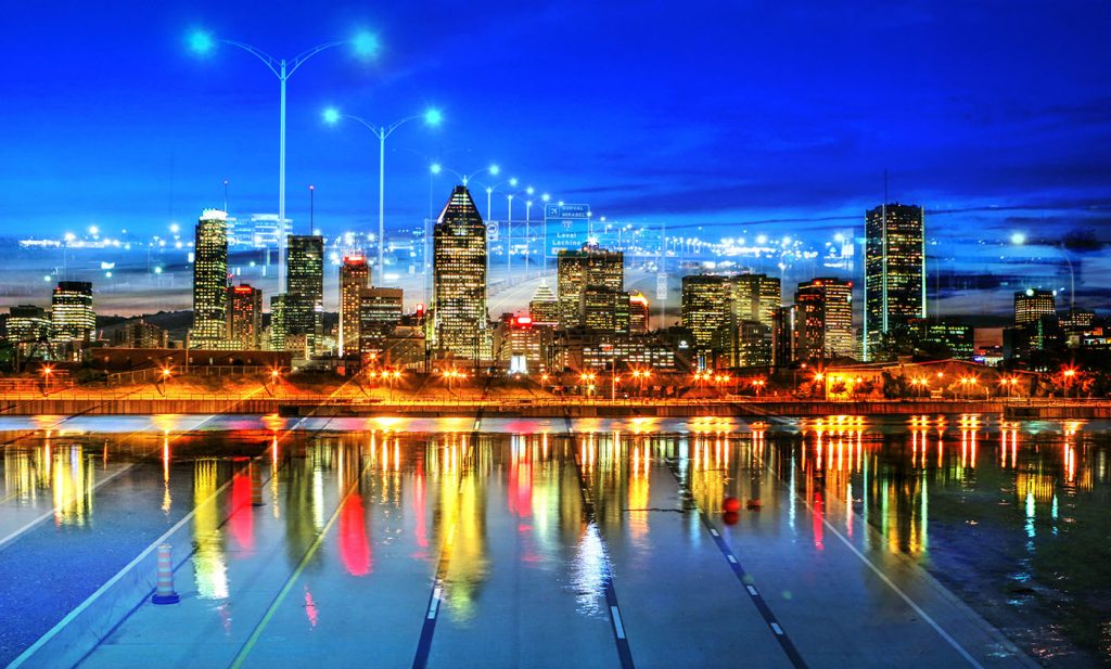 2020 Downtown Montreal Cityscape with Water Reflection Stock Image